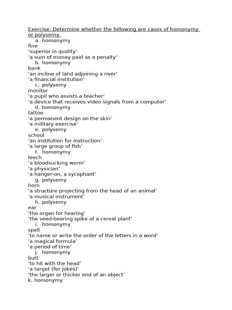 Exercise On Homonymy and Polysemy | PDF