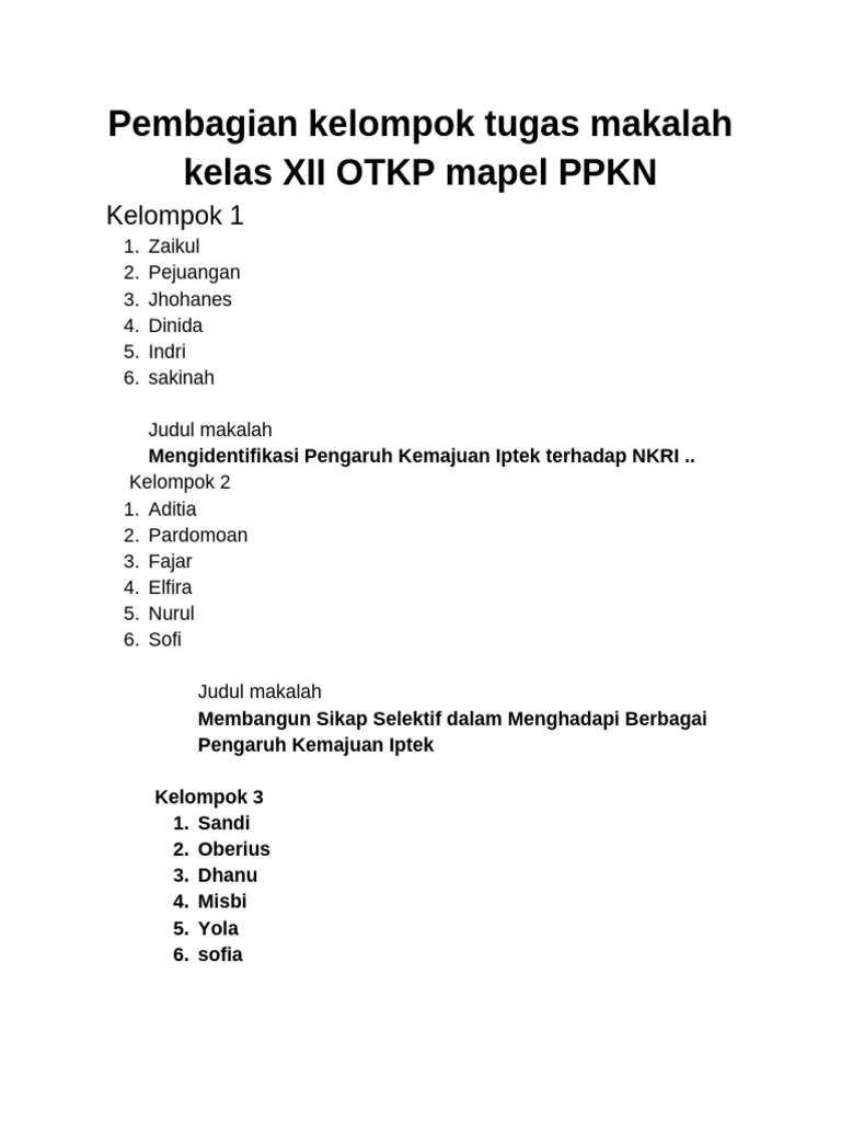 Pembagian Kelompok Tugas Makalah Kelas XII OTKP Mapel PPKN | PDF