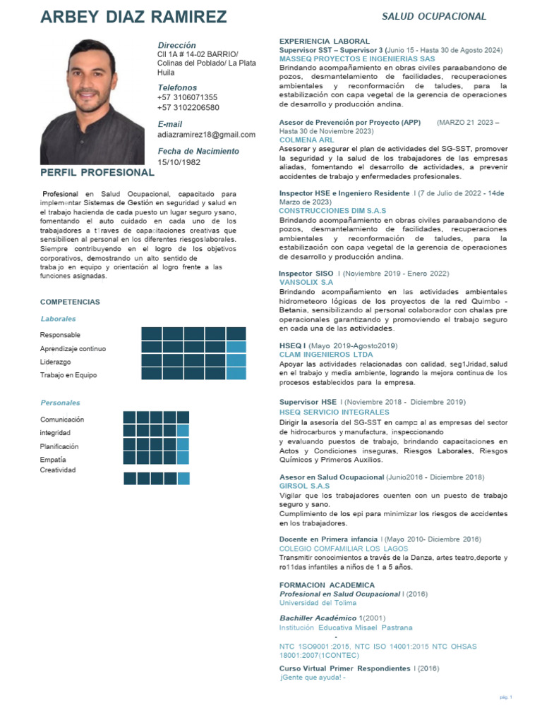 Hoja de Vida - Arbey Diaz Ramirez | PDF | Seguridad y salud ocupacional