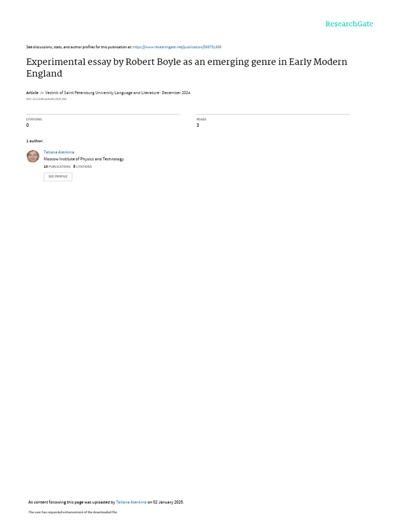 Experimental Essay by Robert Boyle As An Emerging | PDF | Essays | Science