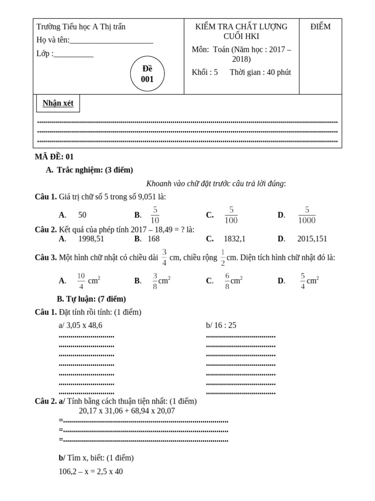 Bo de Thi Toan Lop 5 Cuoi Ki I | PDF