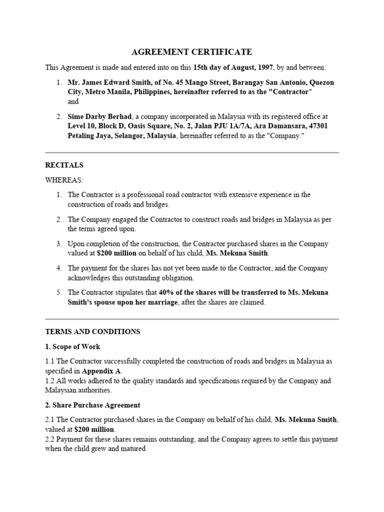 Certificate of Agreement For Inheritance | PDF | Business Law
