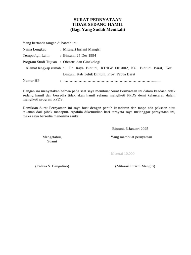 Surat Pernyataan Tidak Hamil PPDS | PDF