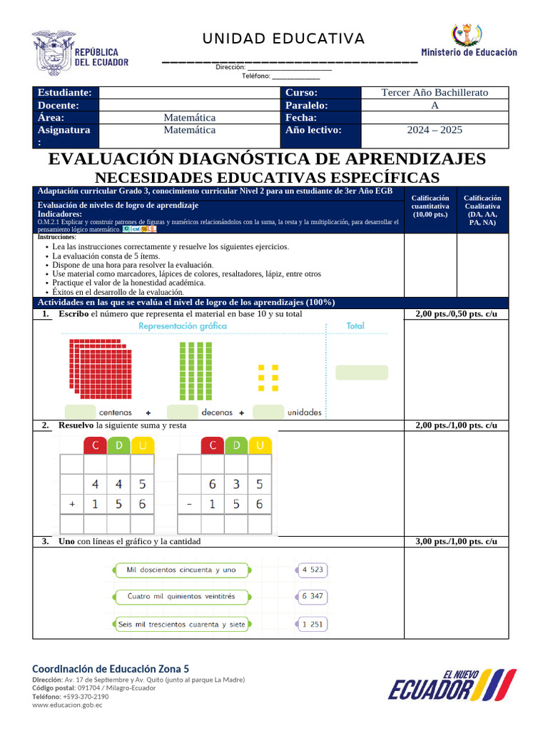 Eval Diagnóstica de Aprendizajes Nee 3ro Bgu Mat - Video | PDF | Cognición