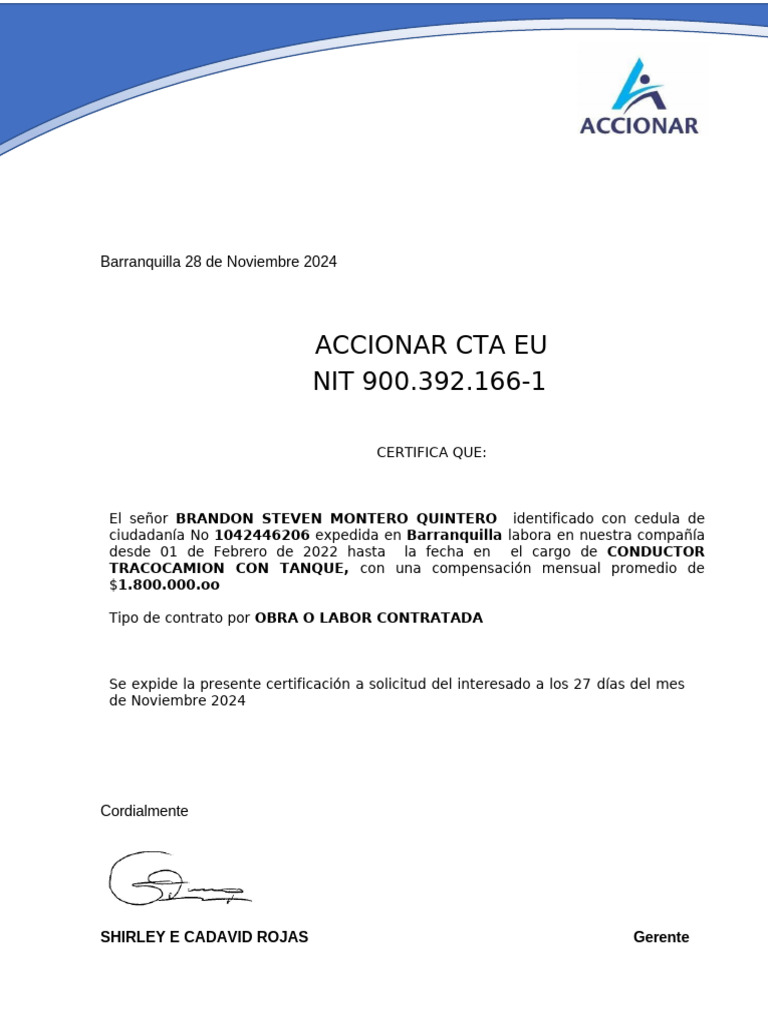 Cetificacion Laboral Farith | PDF