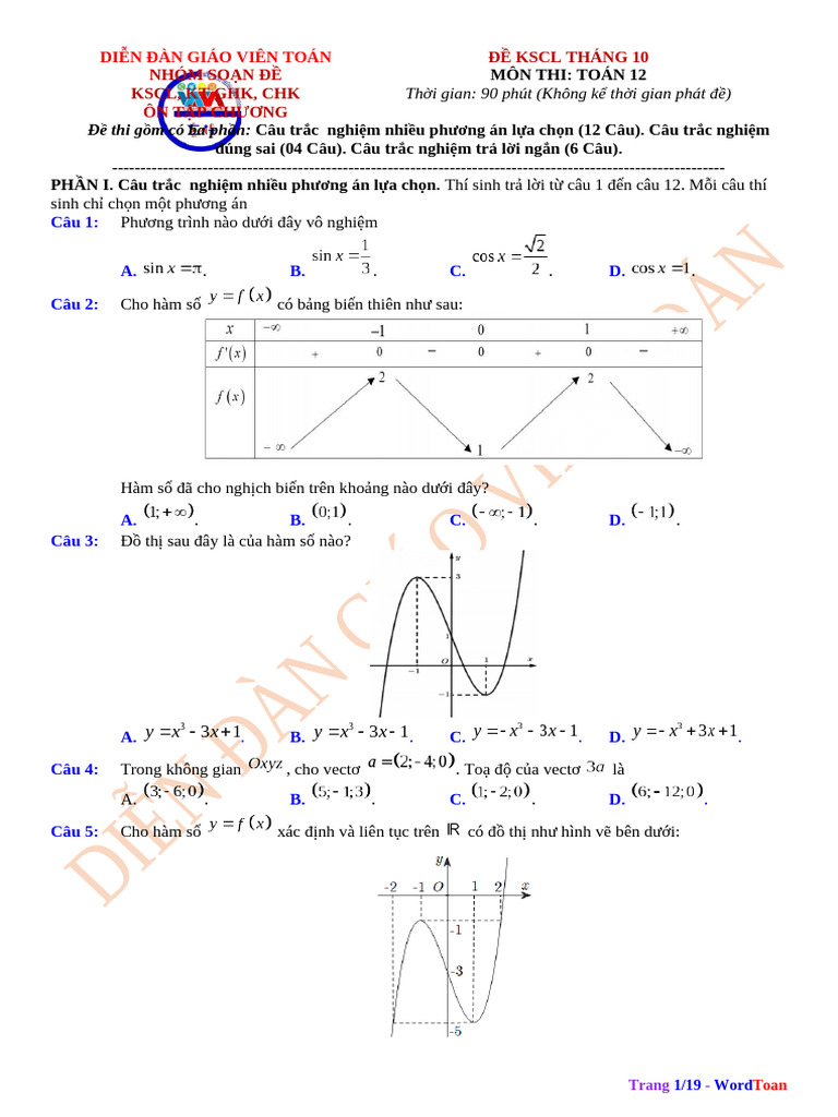 T 03. KSCL Tháng 10 - Môn Toán 12 | PDF