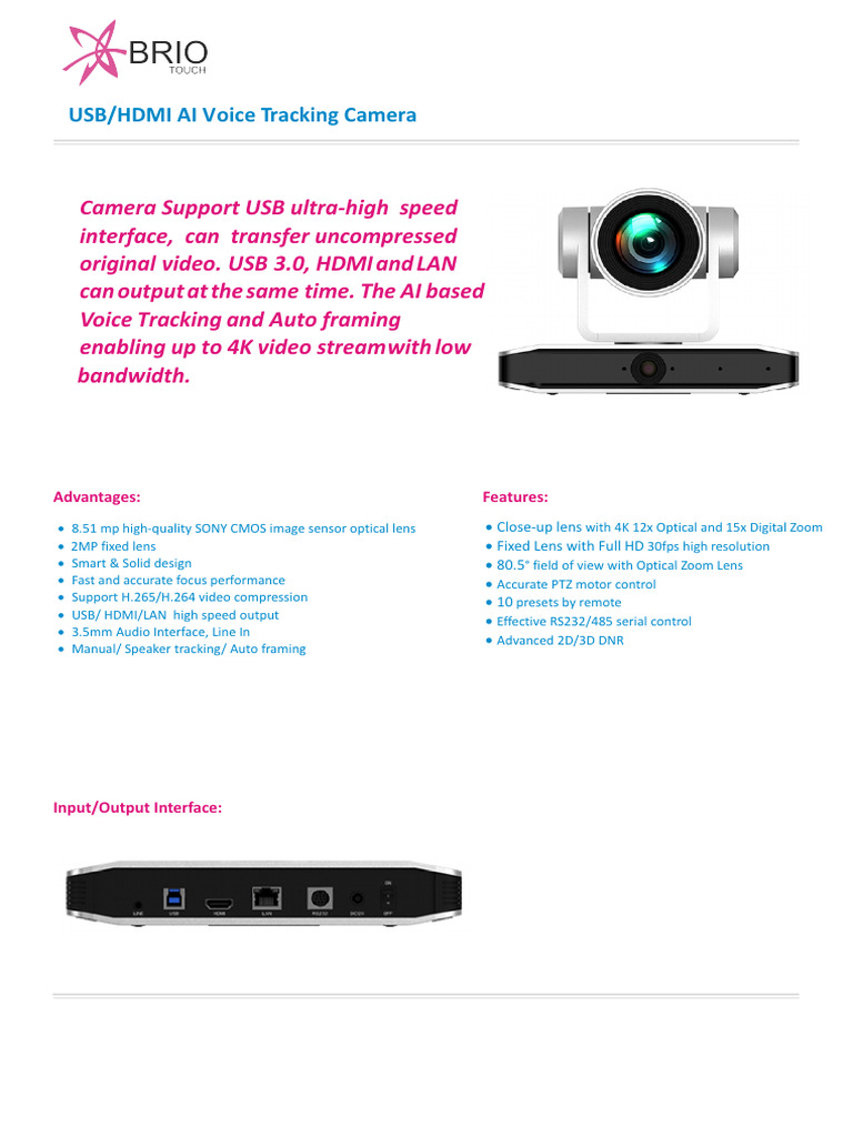 BRIO Voice Tracking Camera | PDF | Camera Lens | Hdmi