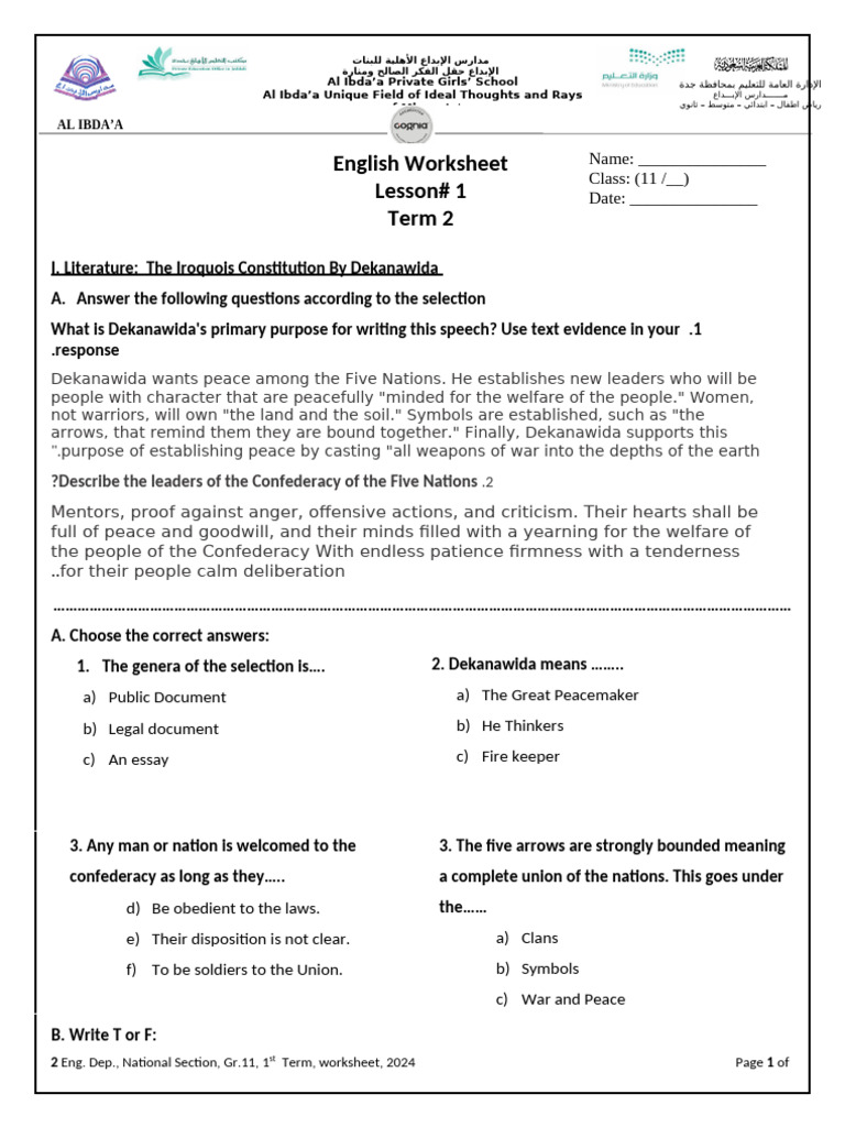 The Iroquois Constitution by Dekanawida Worksheet | PDF