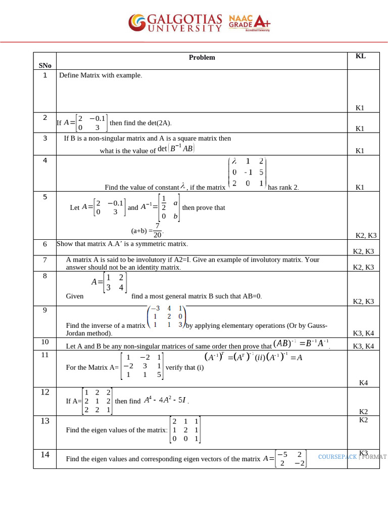 EM-1 Practice Questions For Mid Term Examination | PDF | Eigenvalues And Eigenvectors | Matrix ...