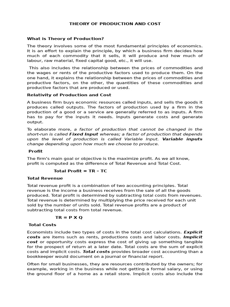 Theory of Production and Cost | PDF | Production Function | Profit ...