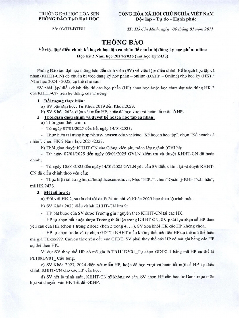 2025.01.06 TB Điều Chỉnh Kế Hoạch Học Tập Cá Nhân HK 2 Nh 2024-2025 | PDF