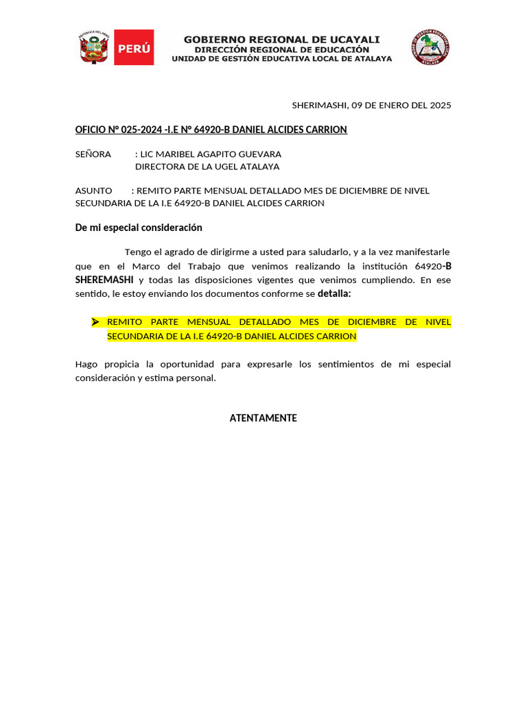 Oficio de Parte Mensual | PDF