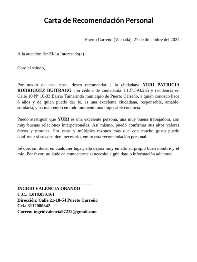 Carta de Recomendación para Yuri Rodríguez | PDF
