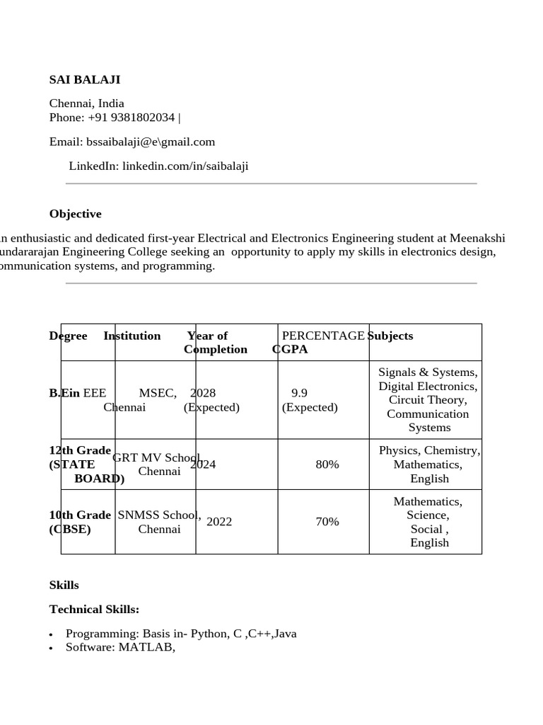 Electrical Engineering Student Resume | PDF | Electrical Engineering ...