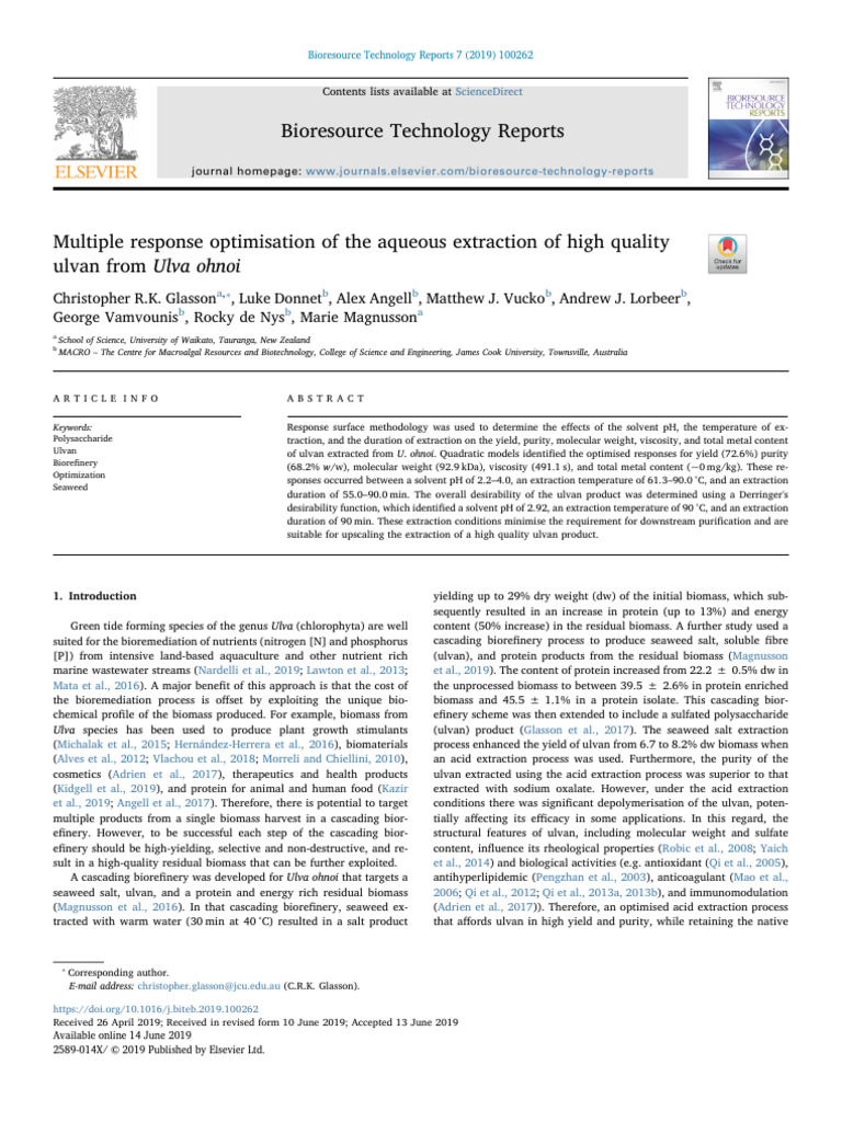 Glasson 2019 - Multiple Response Optimisation of The Aqueous Extraction of High Quality Ulvan ...