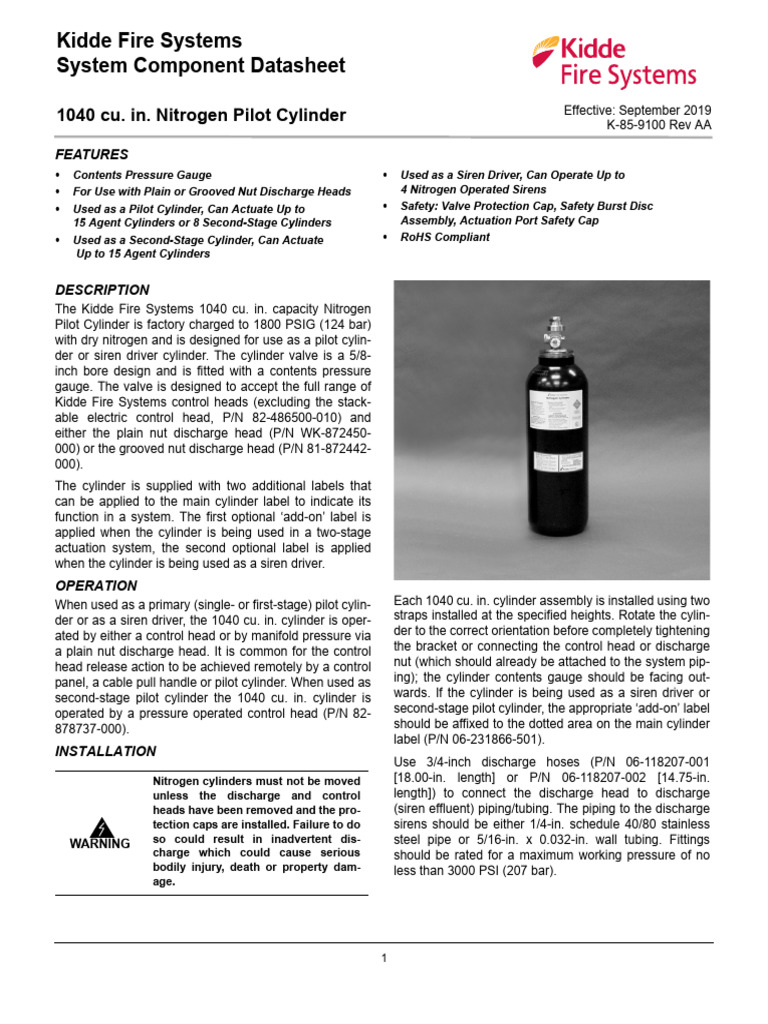 Kidde 1040 Cu Inch Nitrogen Pilot Cylinder K-85-9100 AA | PDF ...