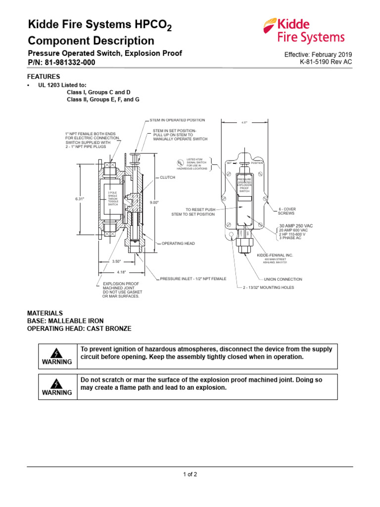 Kidde HPCO2 Pressure Operated Switch-Explosion Proof K-81-5190 | PDF ...