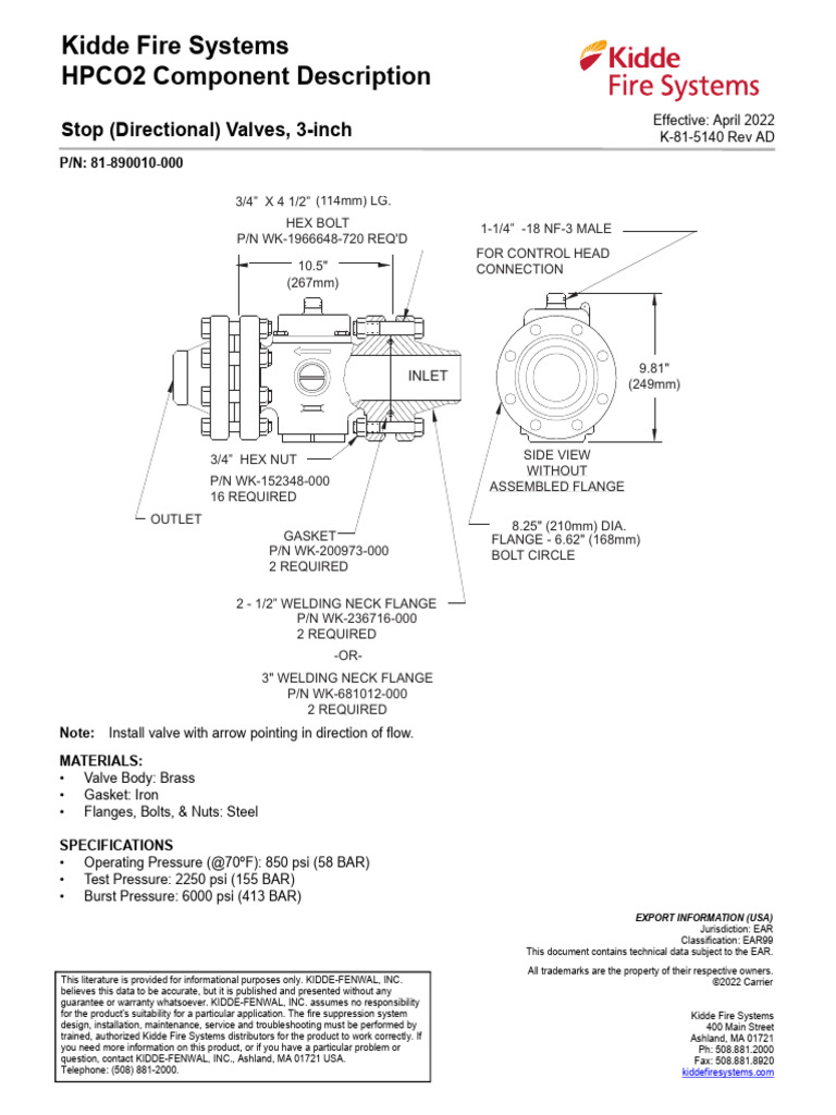 Kidde HPCO2 Stop-Directional Valves 2 and A Half-Inch Thru 3-Inch K-81 ...