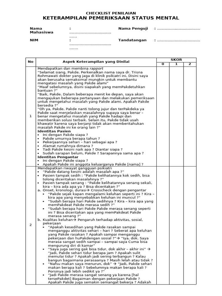 Checklist Pemeriksaan Status Mental | PDF