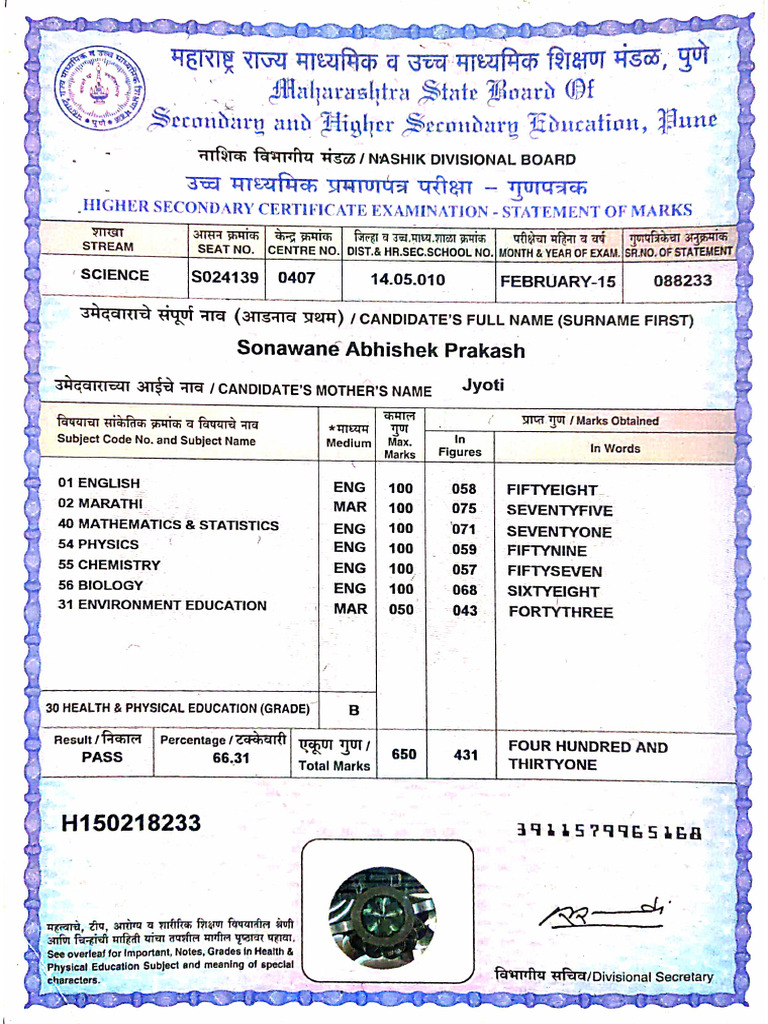 12th Marksheet | PDF