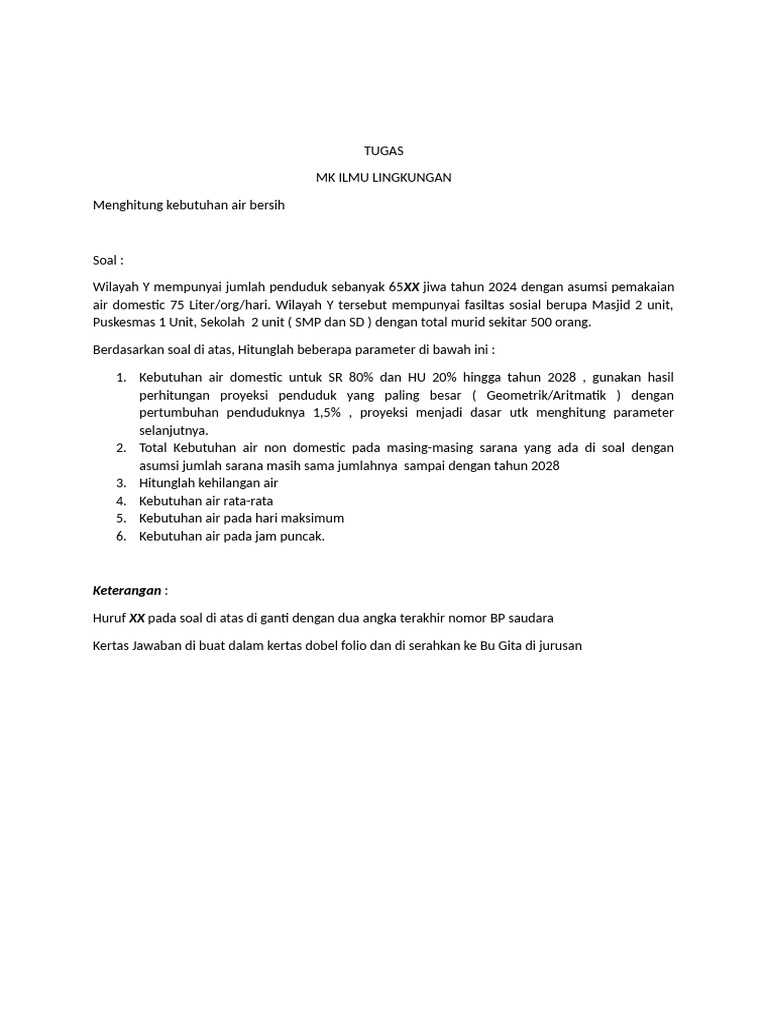 Tugas 3 Ilmu Lingkungan (Menghitung Kebutuhan Air Bersih) | PDF