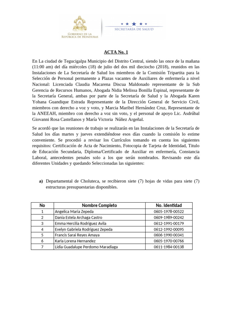 ACTA No. 1 Con Primeros Arreglos | PDF | Documento de identidad | Enfermería