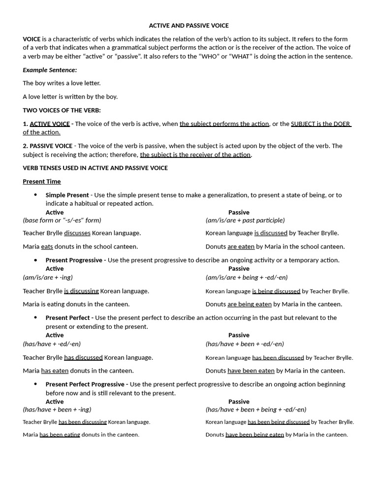 ACTIVE AND PASSIVE VOICE Notes | PDF | Verb | Subject (Grammar)