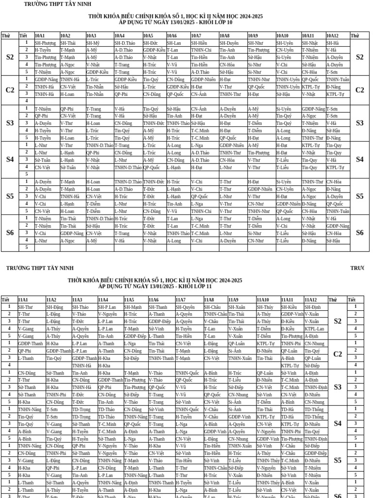 TKB CK HKII - So 1 - Ap Dung Tu Ngay 13-1-2025 CT | PDF