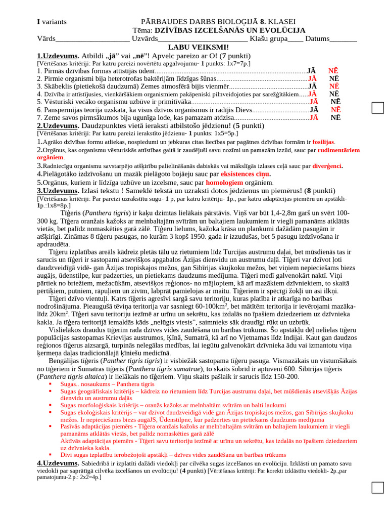 I Variants (Atbildes) PĀRBAUDES DARBS BIOLOĢIJĀ 8 | PDF