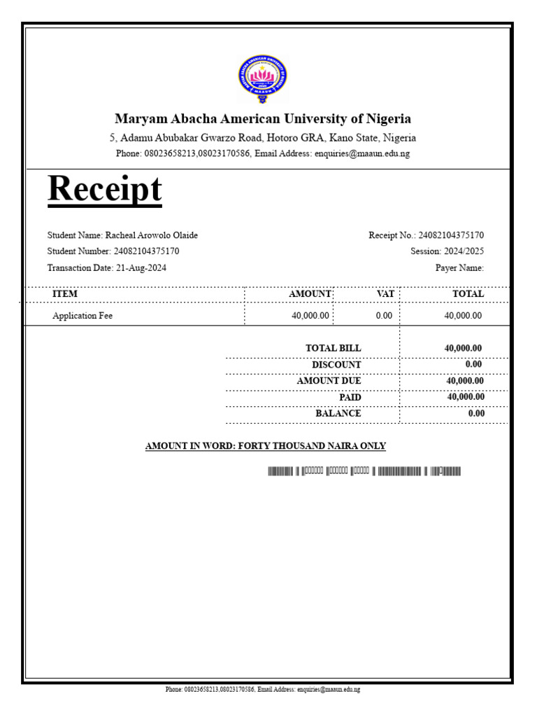 Receipt: Maryam Abacha American University of Nigeria | PDF
