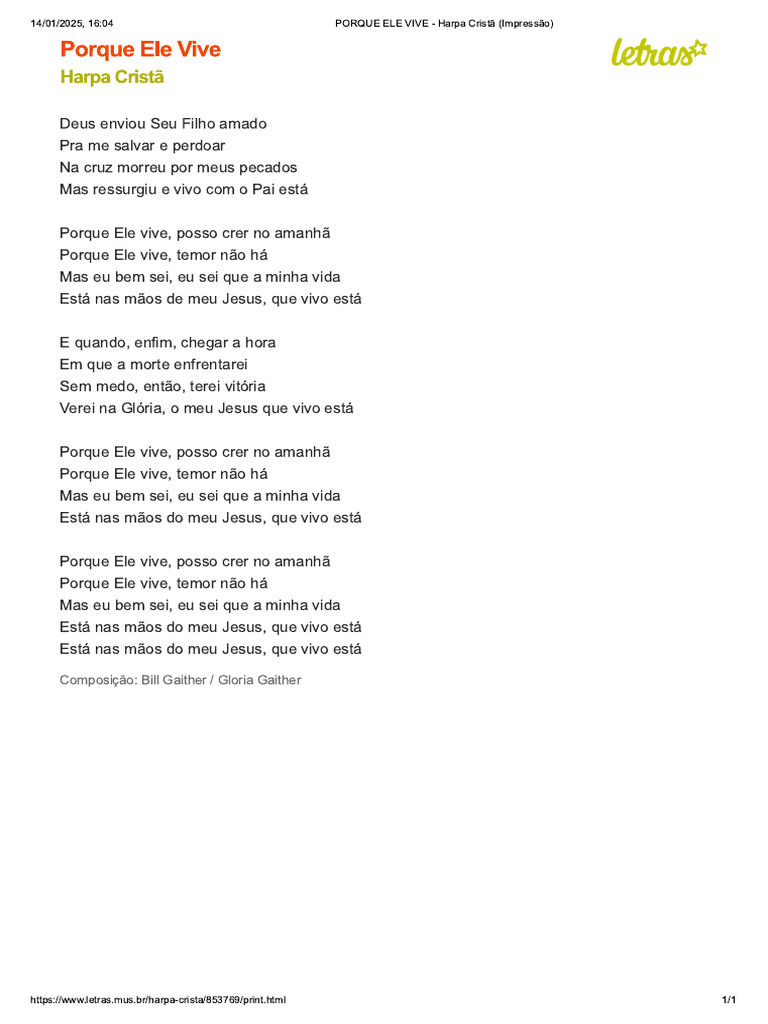 PORQUE ELE VIVE - Harpa Cristã (Impressão) | PDF