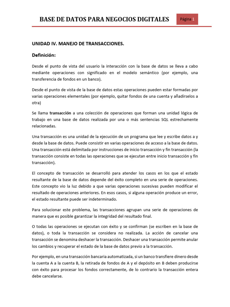 Manejo de Transacciones | PDF | Bases de datos | SQL