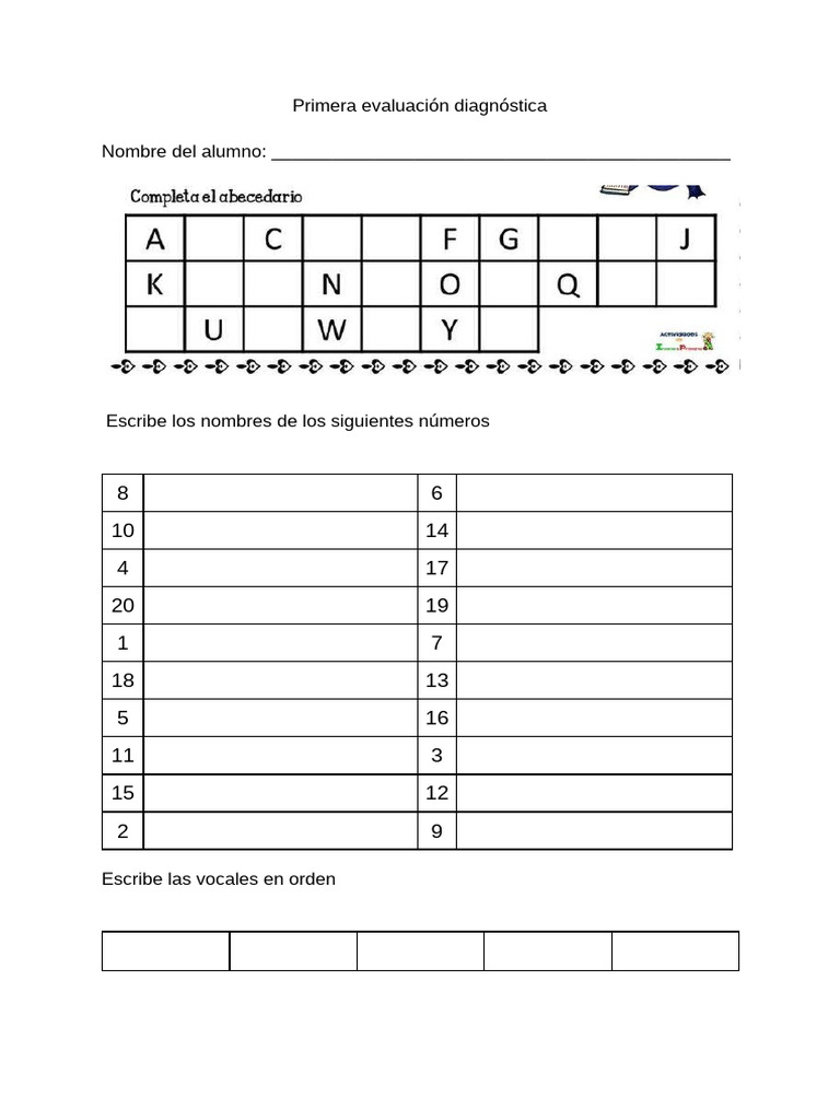 Evaluación Números y Vocales | PDF