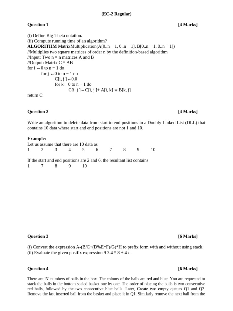 Data Structures Mid Sem QP | PDF | Matrix (Mathematics) | Algebra