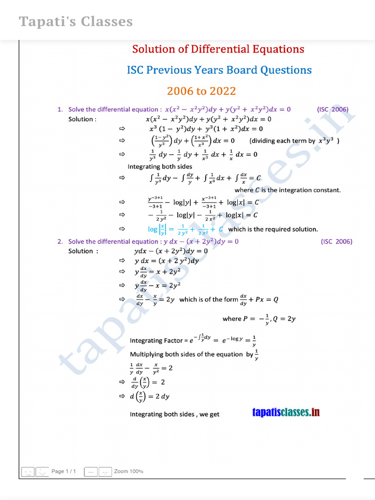 Differential Equations. Previous Years Board Questions (2006 To 2022 ...