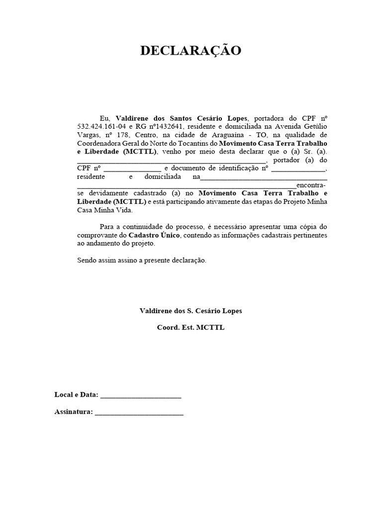 Declaração de Cadastro no MCTTL | PDF