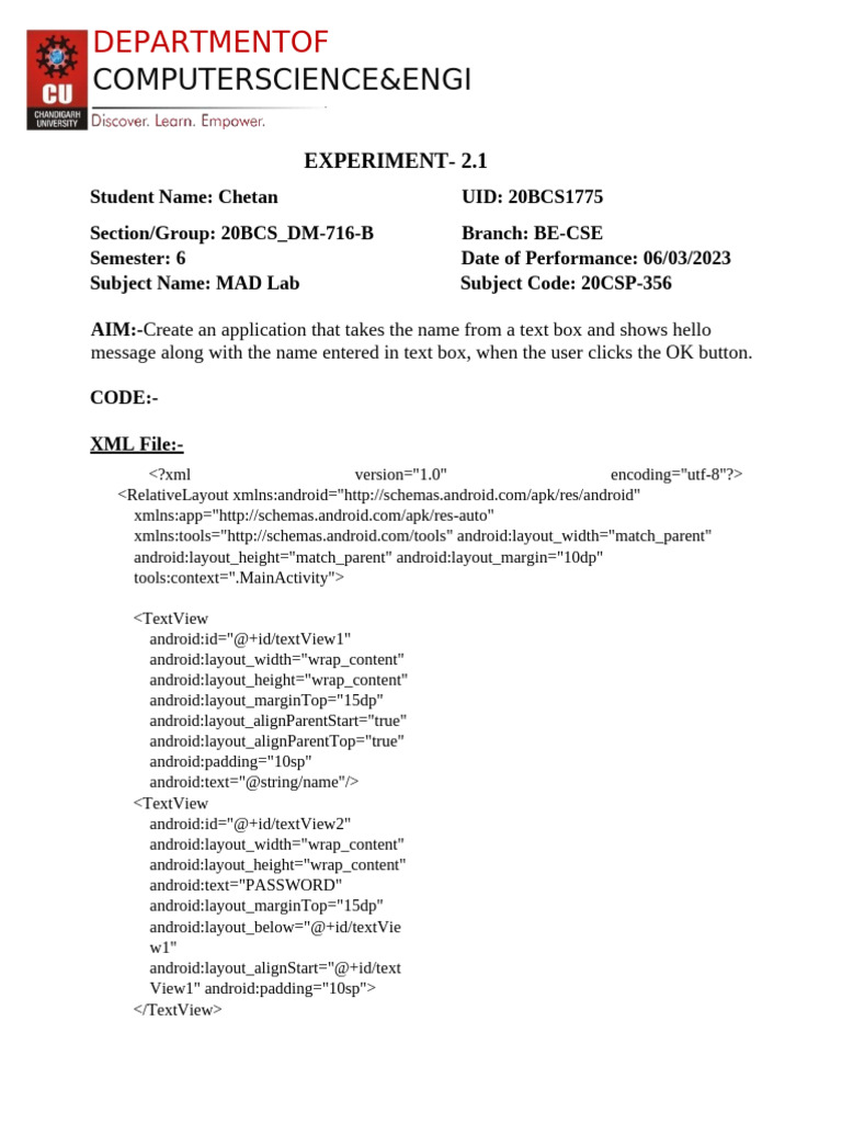 20BCS7375_WORKSHEET-2.1_MAD | PDF | Android (Operating System) | Software Engineering