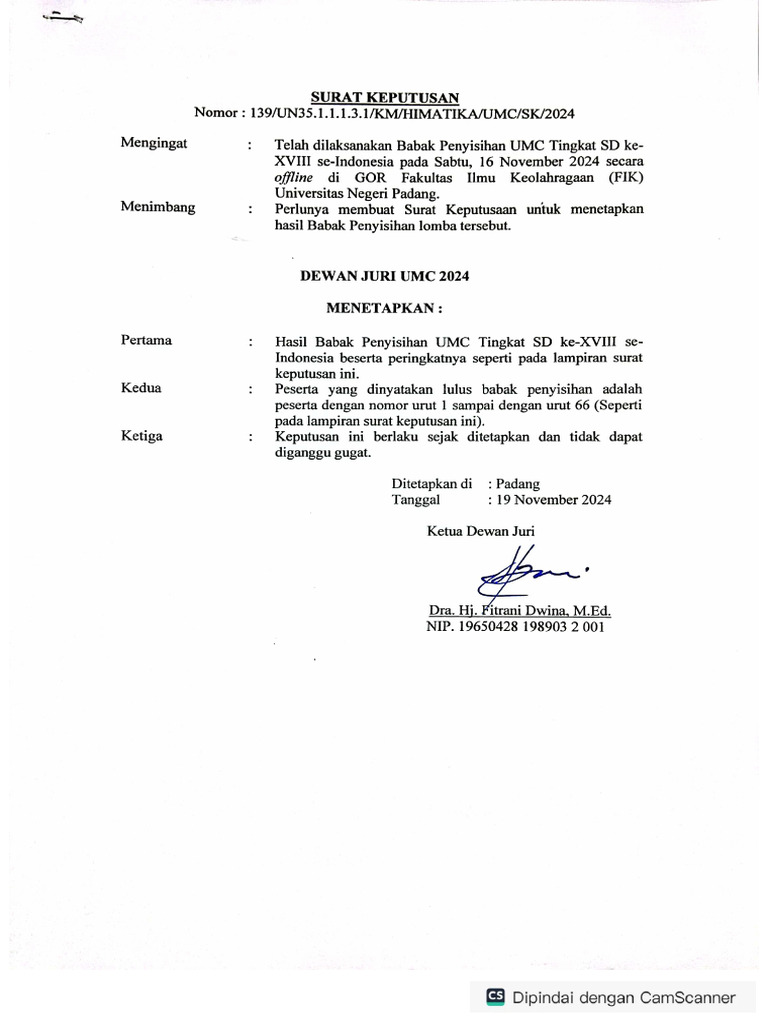 Surat Keputusan Babak Penyisihan UMC 2024 Tingkat SD | PDF