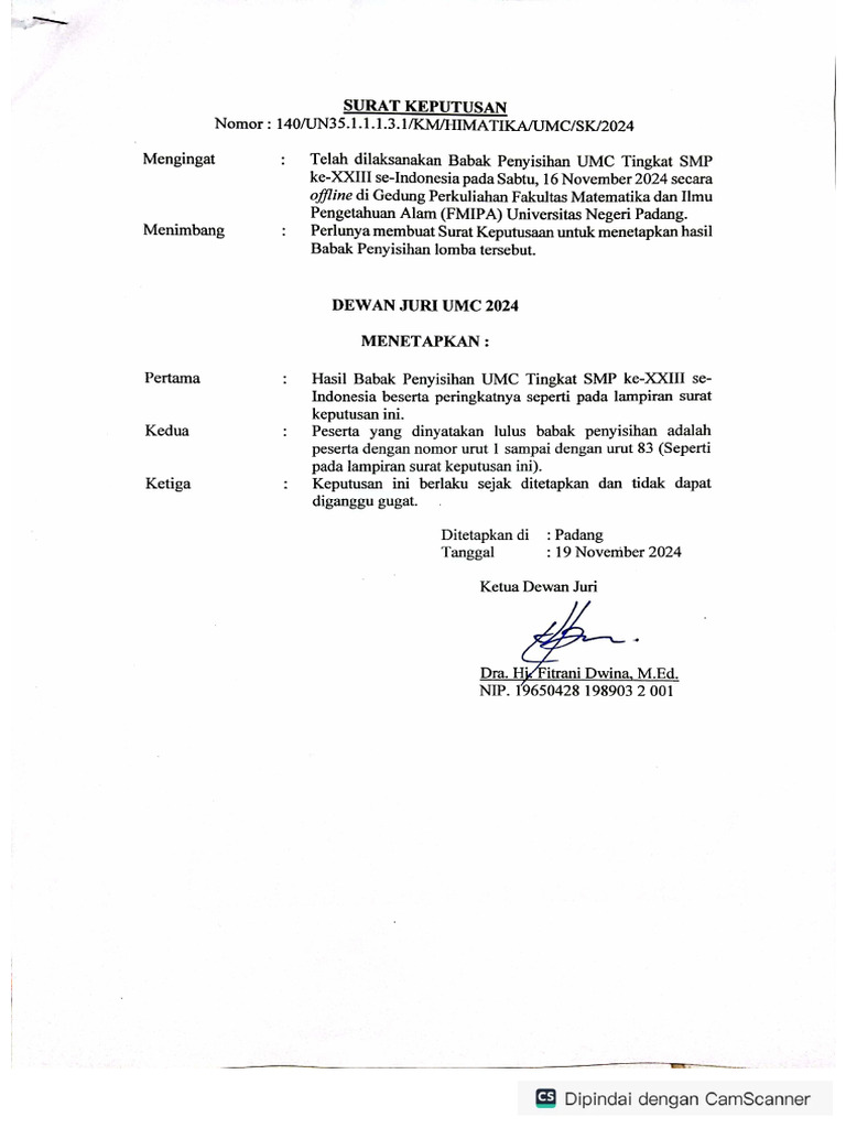 Surat Keputusan Babak Penyisihan UMC 2024 Tingkat SMP | PDF