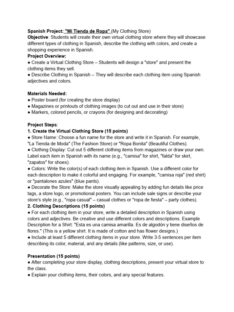 Spanish Project - Mi Tienda de Ropa - (My Clothing Store) | PDF | Human ...