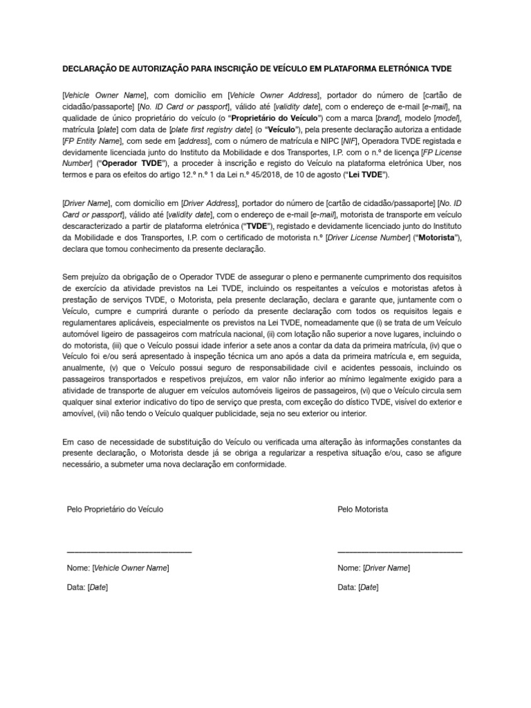 PT (PT) - Vehicle Use Consent Form (Third Party Owned) | PDF | Dirigir ...