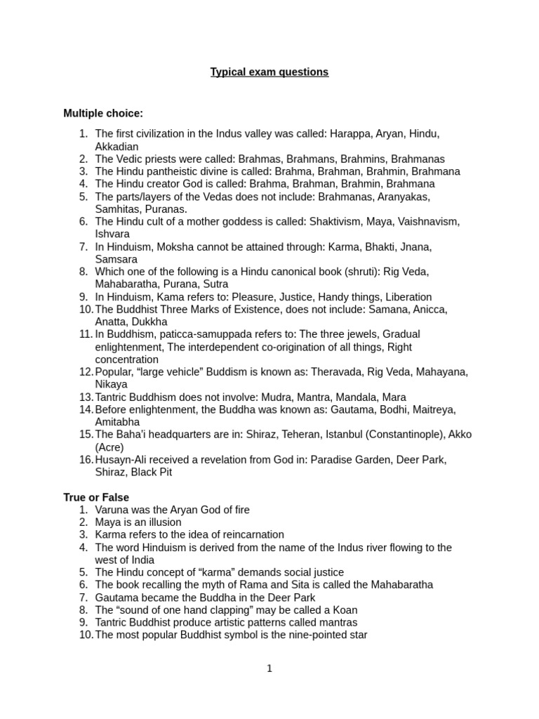 REL 120 Typical Exam Questions | PDF | Brahman | Vedas