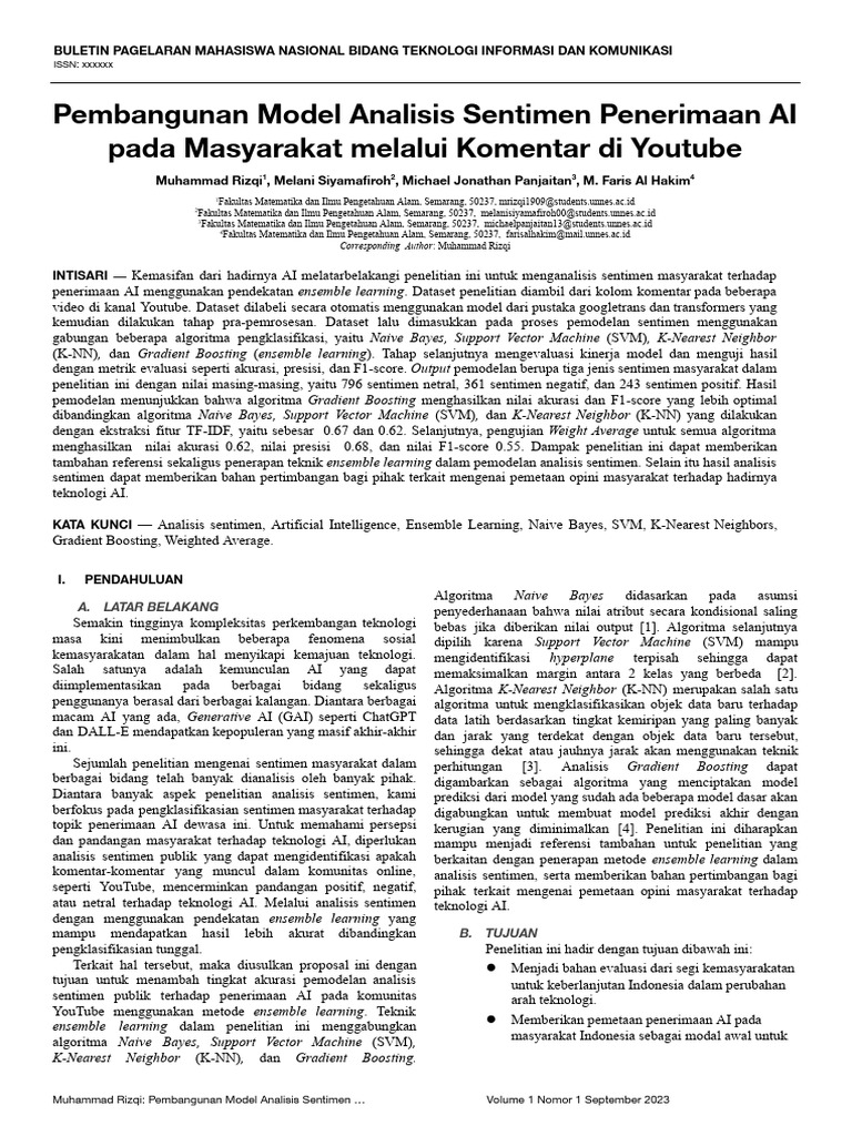 Pembangunan Model Analisis Sentimen Penerimaan AI Pada Masyarakat Melalui Komentar Di Youtube | PDF