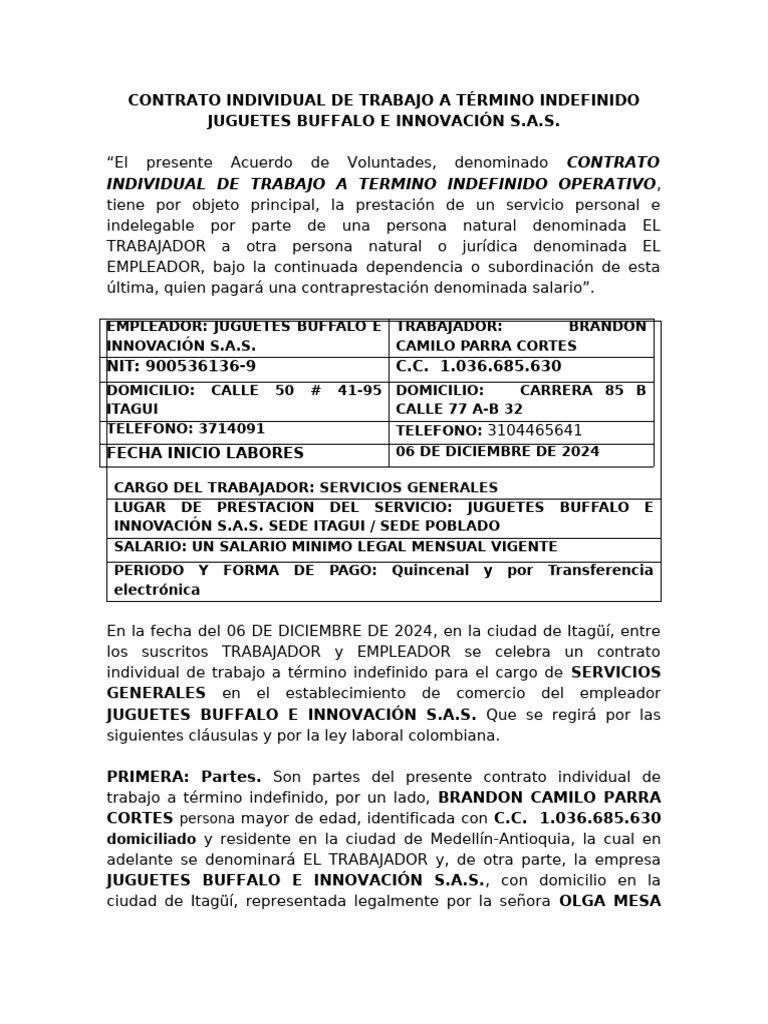 Contrato Brandon Parra | PDF | Derecho laboral | Salario