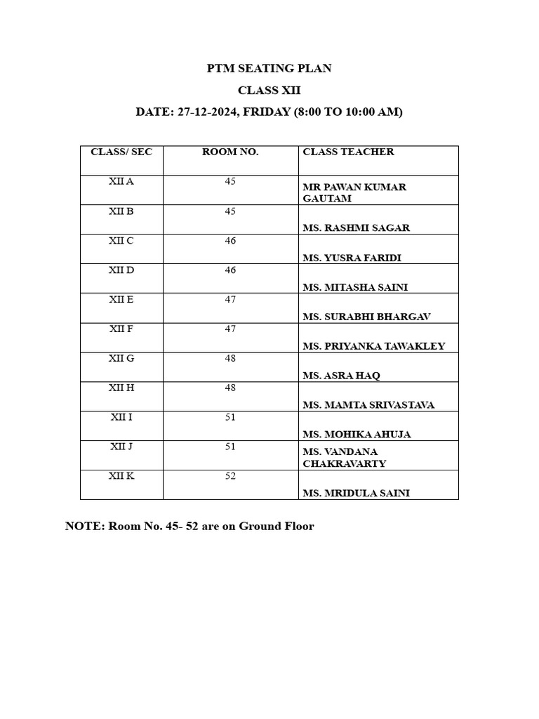 PTM Seating Plan - Xii - 27 Dec 2024 | PDF