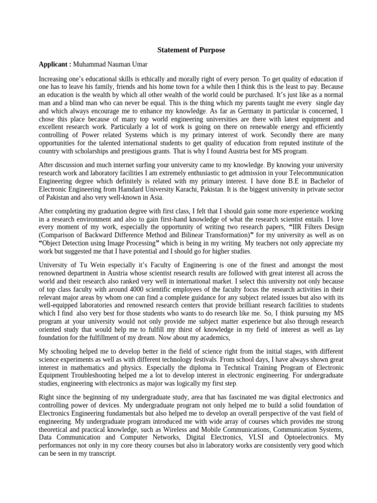 Statement of Purpose for MS in Telecommunications | PDF ...