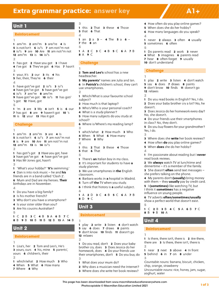 A1PLUS Extra Grammar Practice Answer Key | PDF