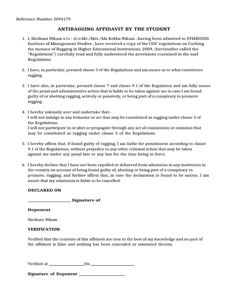 Anti Ragging Affidavit Form | PDF | Affidavit | Justice