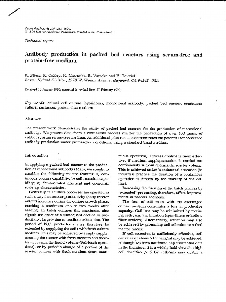 Antibody Production in Packed Bed Reactors Using Serum-Free and Protein ...