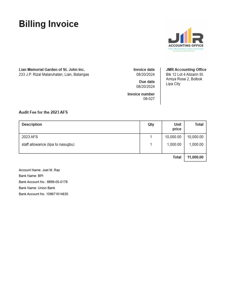Billing Invoice_Lian Memorial Garden of St. John | PDF